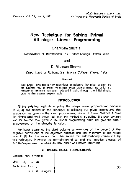 Pdf New Technique For Solving Primal All Integer Linear Programming