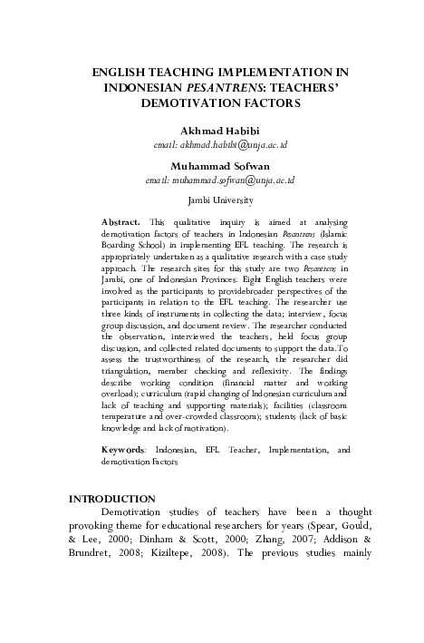Pdf English Teaching Implementation In Indonesian Pesantrens Teachers Demotivation Factors