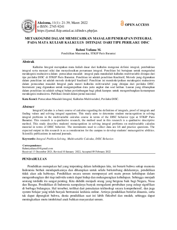 (PDF) Metakognisi Dalam Memecahkan Masalah Penerapan Integral Pada Mata ...
