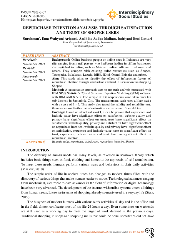 (PDF) Repurchase Intention Analysis through Satisfaction and Trust of ...