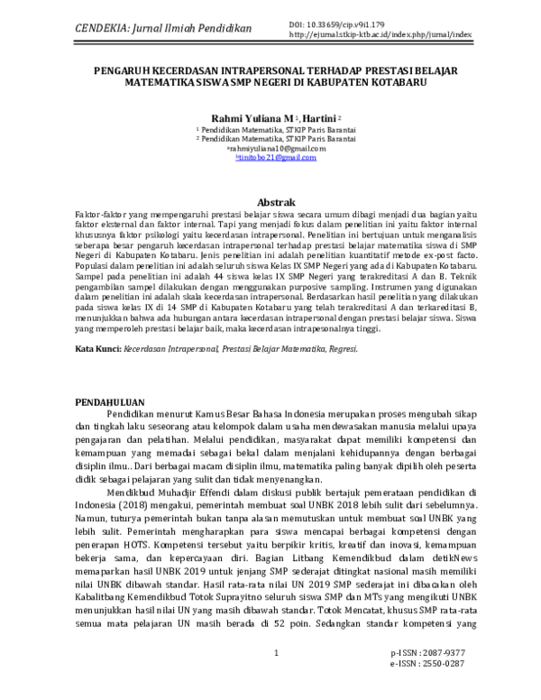 (PDF) Pengaruh Kecerdasan Intrapersonal Terhadap Prestasi Belajar Matematika Siswa SMP Negeri DI ...