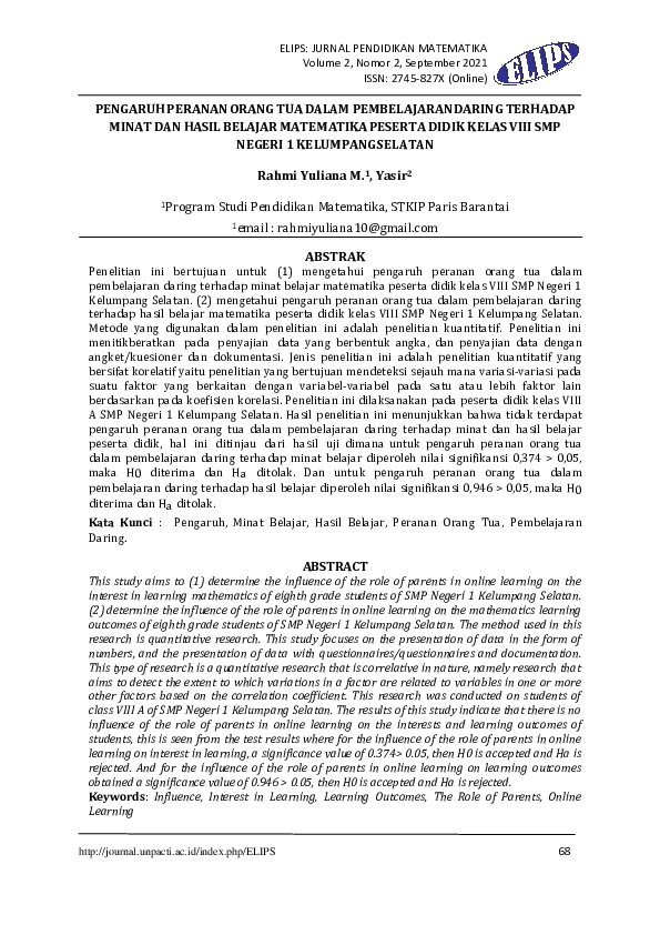 (PDF) Pengaruh Peranan Orang Tua Dalam Pembelajaran Daring Terhadap Minat Dan Hasil Belajar ...