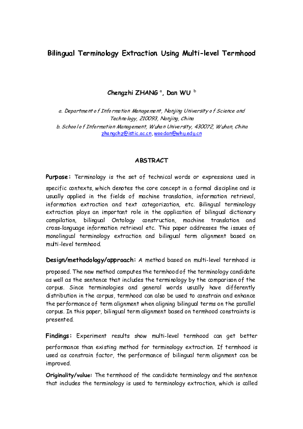 (PDF) Bilingual terminology extraction using multi‐level termhood