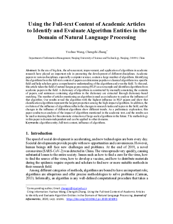 Pdf Using The Full Text Content Of Academic Articles To Identify And Evaluate Algorithm 