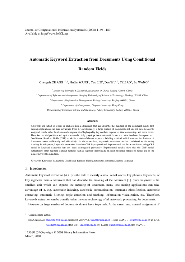 Pdf Automatic Keyword Extraction From Documents Using Conditional Random Fields
