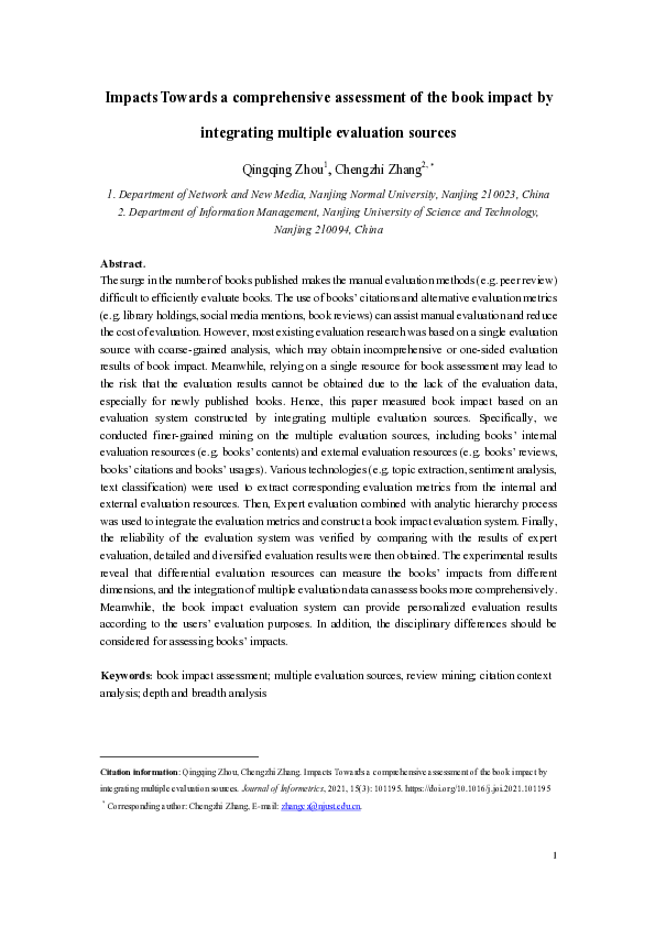(PDF) Impacts towards a comprehensive assessment of the book impact by integrating multiple ...