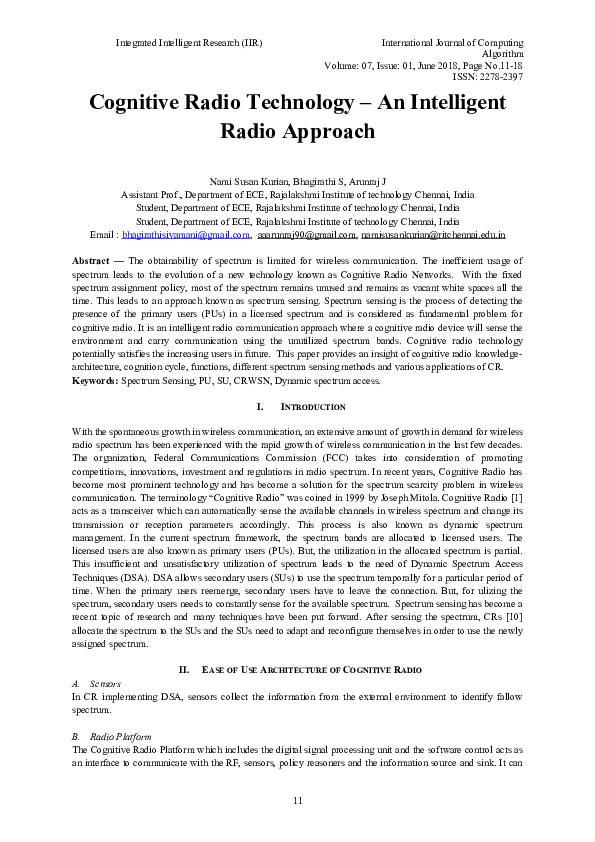 Doc Cognitive Radio Technology An Intelligent Radio Approach