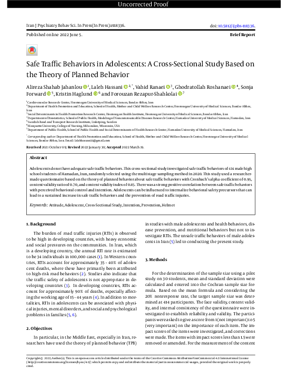 (PDF) Safe Traffic Behaviors in Adolescents: A Cross-sectional Study ...