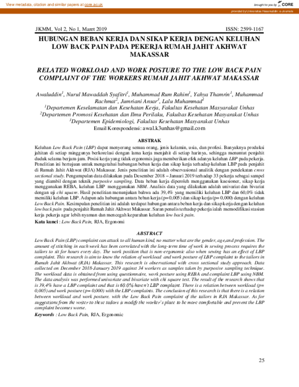 (PDF) Hubungan Beban Kerja Dan Sikap Kerja Dengan Keluhan Low Back Pain Pada Pekerja Rumah Jahit ...