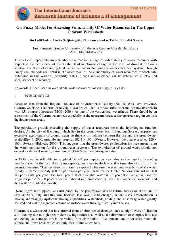 Pdf Gis Fuzzy Model For Assessing Vulnerability Of Water Resources In The Upper Citarum