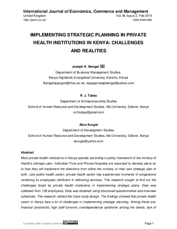 (PDF) Implementing strategic planning in private health institutions in ... (PDF) Implementing strategic planning in private health institutions in ...