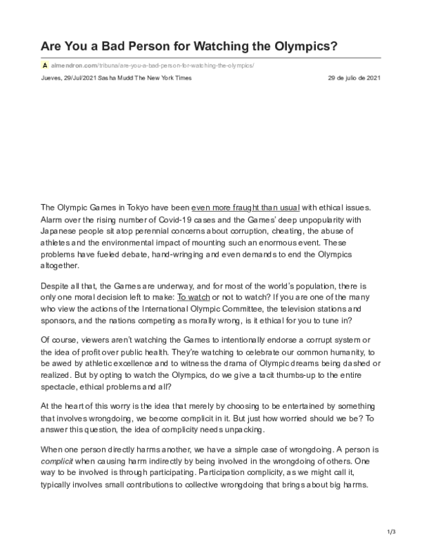(PDF) Opinion Column: Are You a Bad Person for Watching the Olympics ...