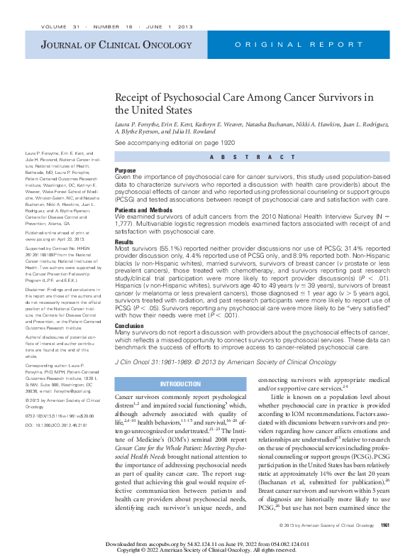 (PDF) Receipt of Psychosocial Care Among Cancer Survivors in the United ...