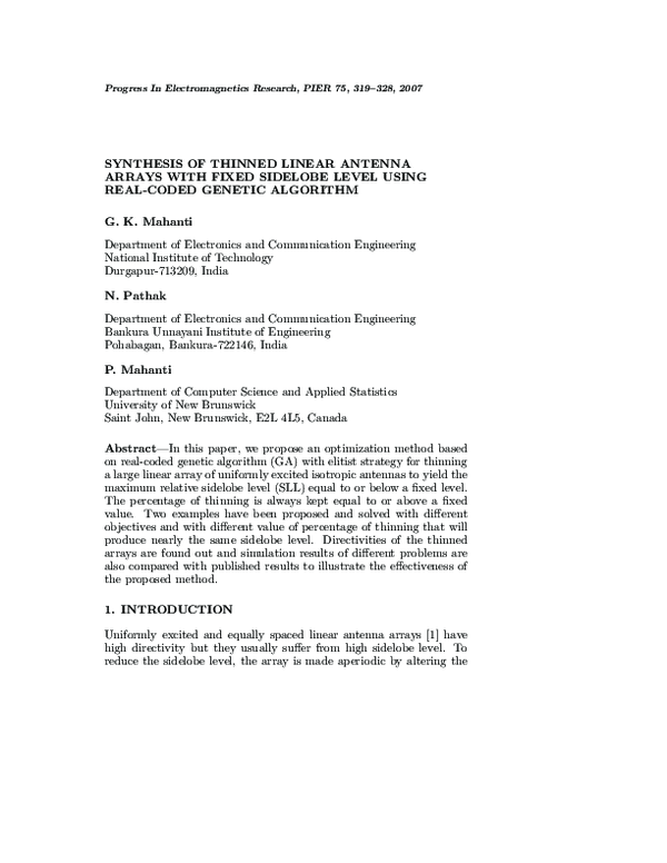 Pdf Synthesis Of Thinned Linear Antenna Arrays With Fixed Sidelobe Level Using Real Coded 