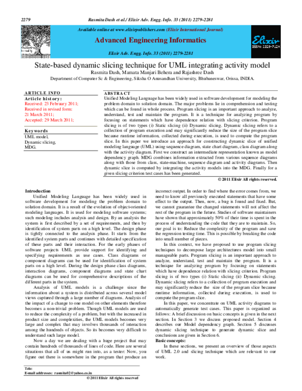 Pdf State Based Dynamic Slicing Technique For Uml Integrating Activity Model