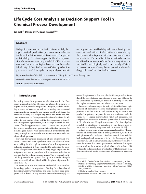 (PDF) Life Cycle Cost Analysis as Decision Support Tool in Chemical ...