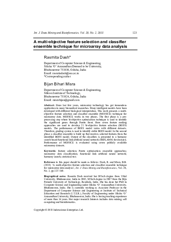 Pdf A Multi Objective Feature Selection And Classifier Ensemble Technique For Microarray Data