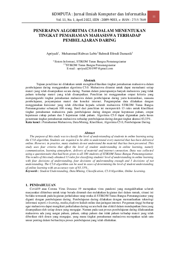 (PDF) Penerapan Algoritma C5.0 Dalam Menentukan Tingkat Pemahaman Mahasiswa Terhadap ...