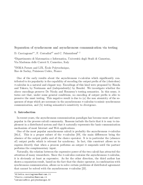 Pdf Separation Of Synchronous And Asynchronous Communication Via Testing Catuscia