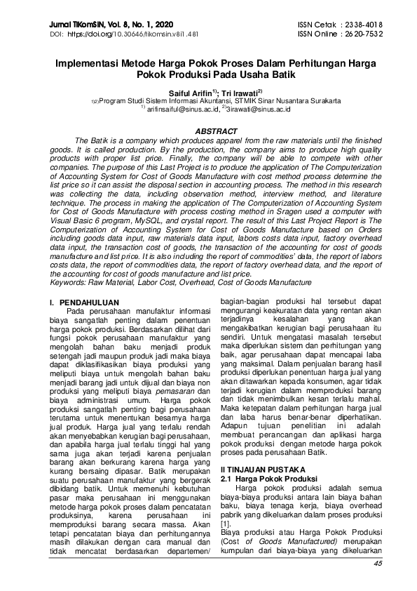 (PDF) Implementasi Metode Harga Pokok Proses Dalam Perhitungan Harga ...