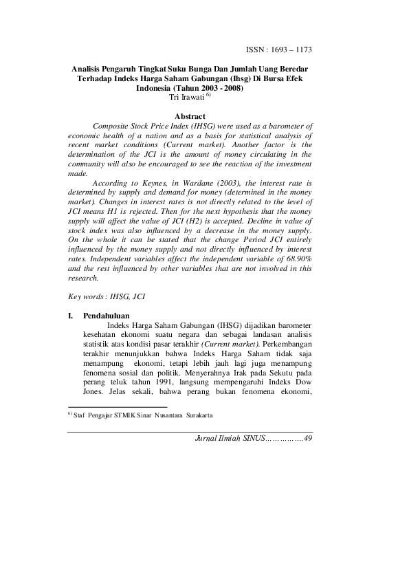 (PDF) Analisis Pengaruh Tingkat Suku Bunga Dan Jumlah Uang Beredar Terhadap Indeks Harga Saham ...