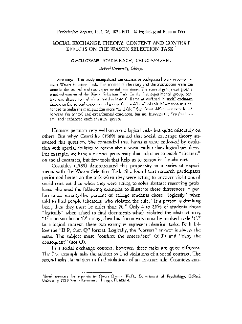 (PDF) Social Exchange Theory: Content and Context Effects on the Wason Selection Task