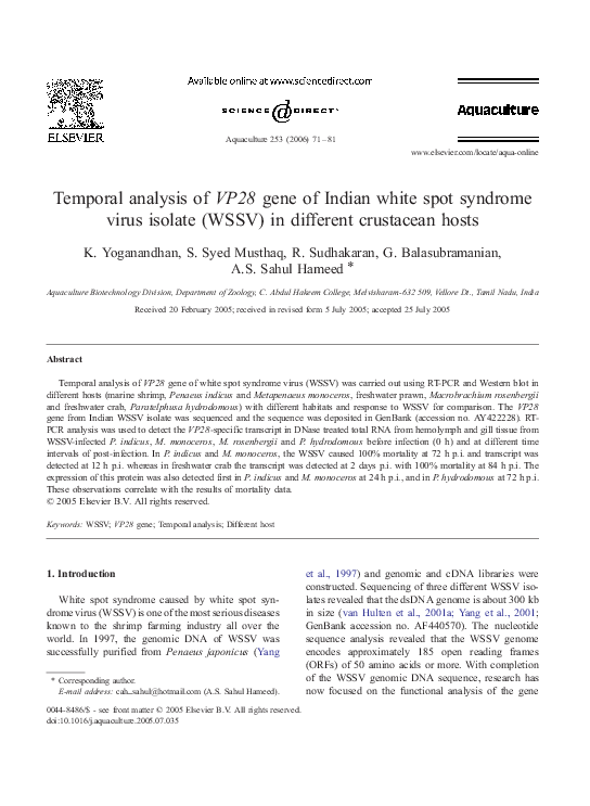 (PDF) Temporal analysis of VP28 gene of Indian white spot syndrome ...