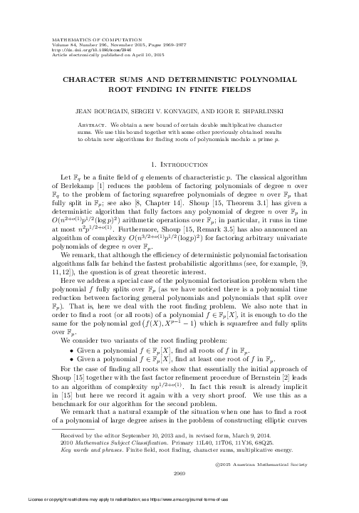 Pdf Character Sums And Deterministic Polynomial Root Finding In