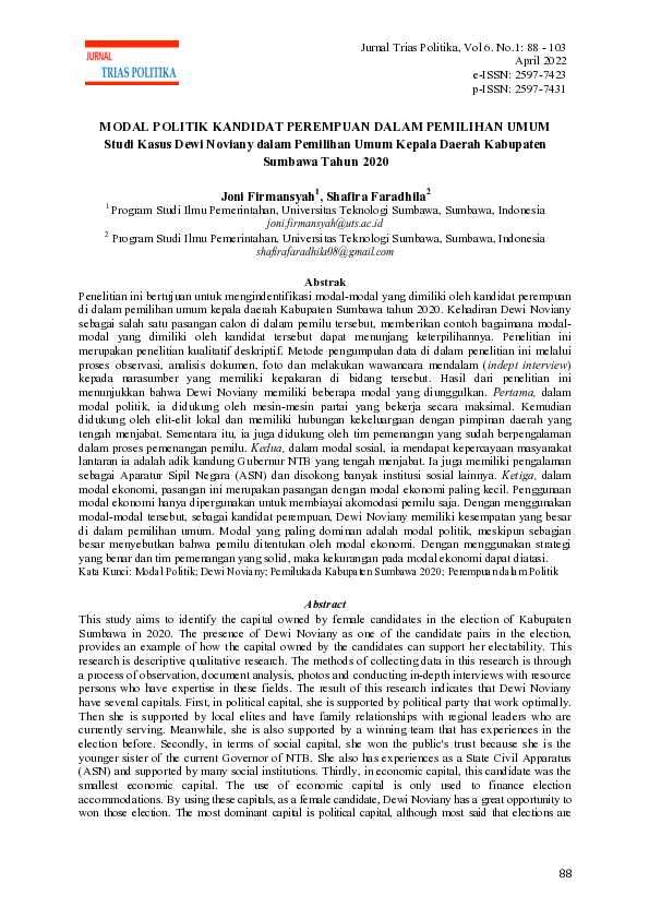 (PDF) MODAL POLITIK KANDIDAT PEREMPUAN DALAM PEMILIHAN UMUM Studi Kasus Dewi Noviany dalam ...