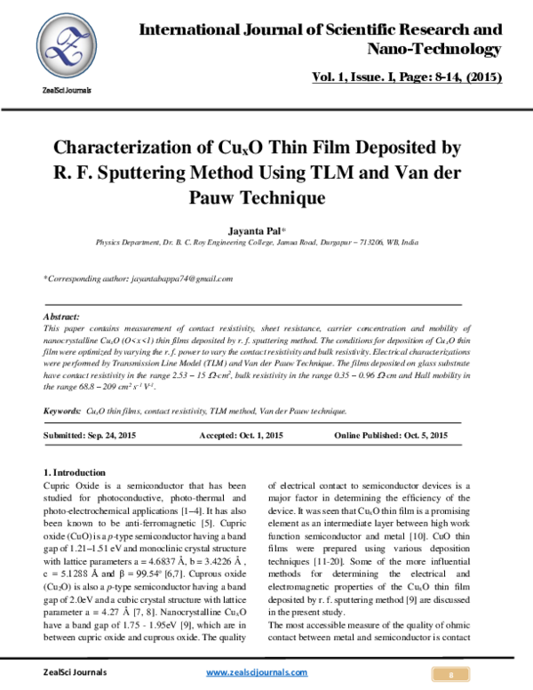 (PDF) Characterization of Cu x O Thin Film Deposited by R. F ...