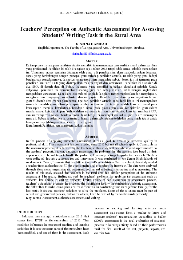 (PDF) Teachers’ Perception on Authentic Assessment For Assessing ...