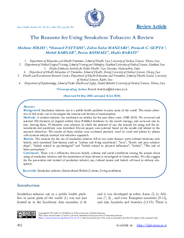(PDF) The Reasons for Using Smokeless Tobacco: A Review