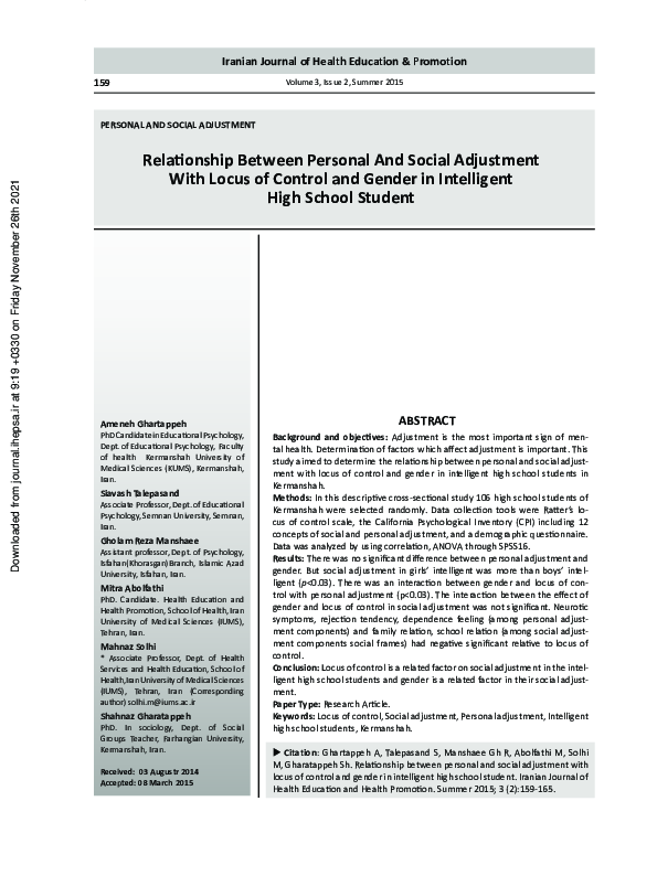(PDF) Relationship Between Personal And Social Adjustment With Locus of ...