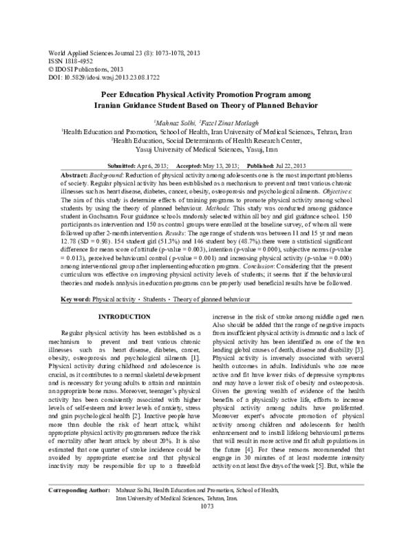(PDF) Peer Education Physical Activity Promotion Program among Iranian Guidance Student Based on ...