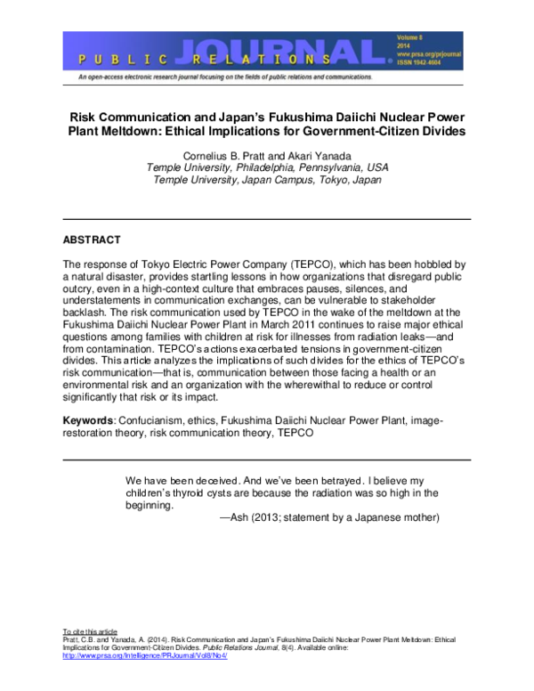 (PDF) Risk Communication and Japan’s Fukushima Daiichi Nuclear Power ...