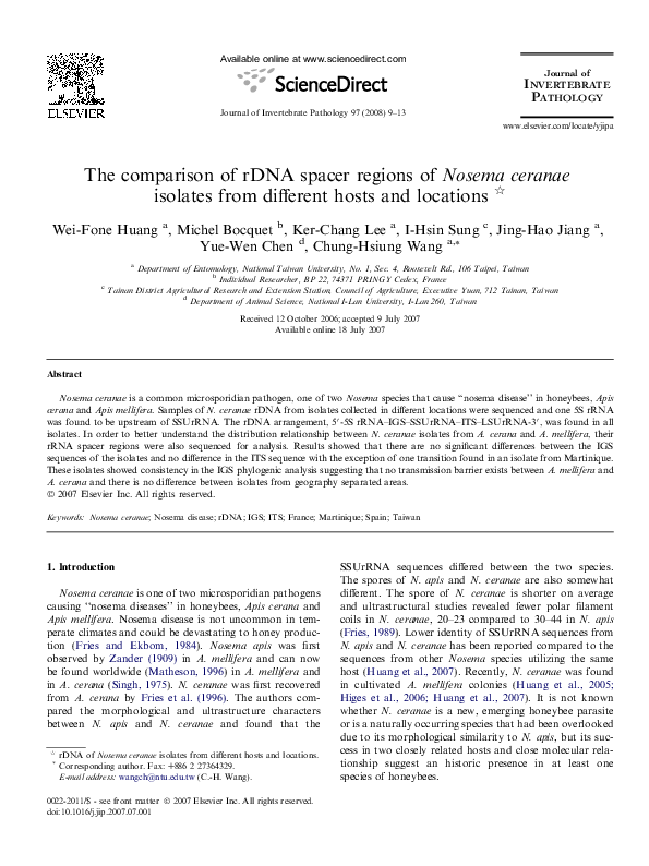 (PDF) The comparison of rDNA spacer regions of Nosema ceranae isolates ...