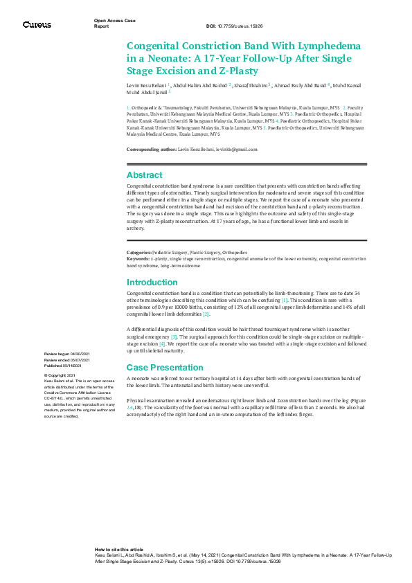 (PDF) Congenital Constriction Band With Lymphedema in a Neonate: A 17 ...