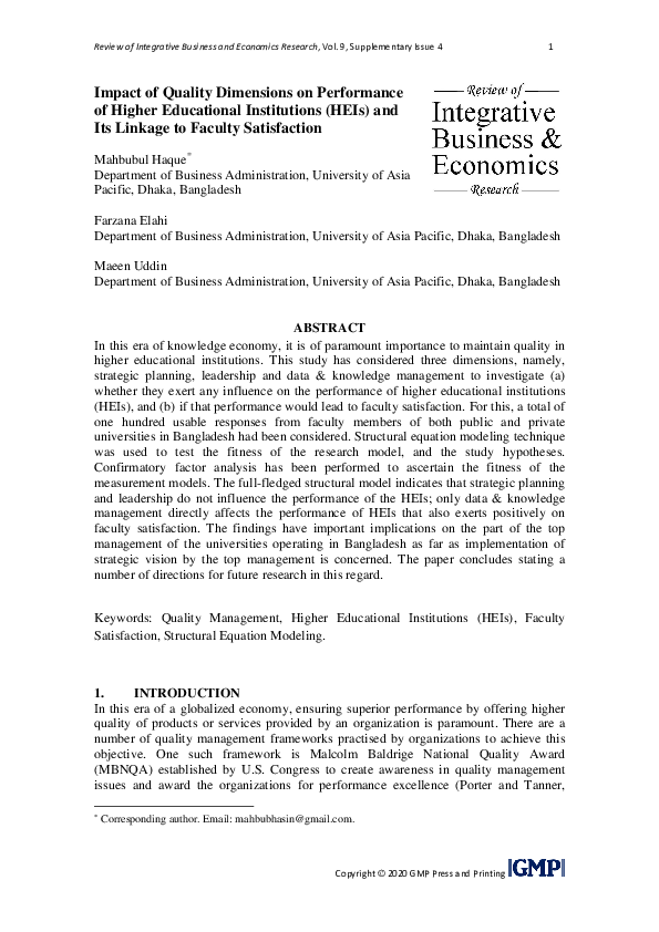 (PDF) Impact of Quality Dimensions on Performance of Higher Educational Institutions (HEIs) and ...