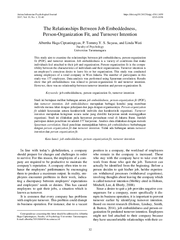 (PDF) The Relationships Between Job Embeddedness, Person-Organization ...