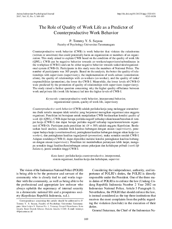 (PDF) The Role of Quality of Work Life as a Predictor of Counterproductive Work Behavior