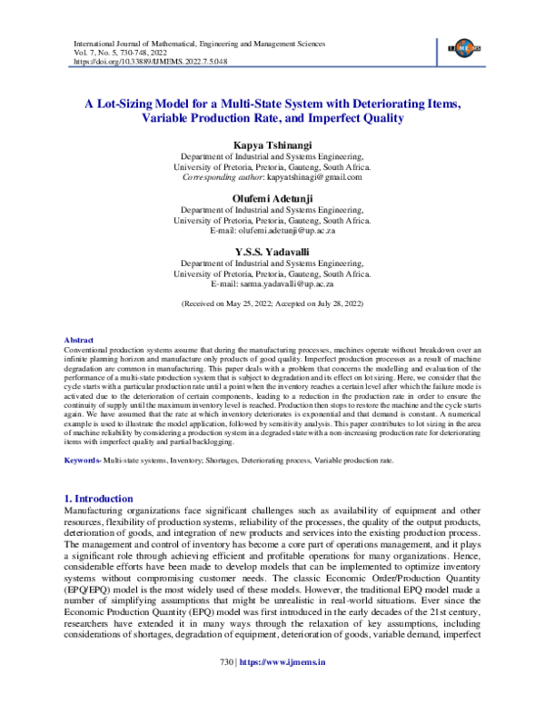 Pdf A Lot Sizing Model For A Multi State System With Deteriorating Items Variable Production