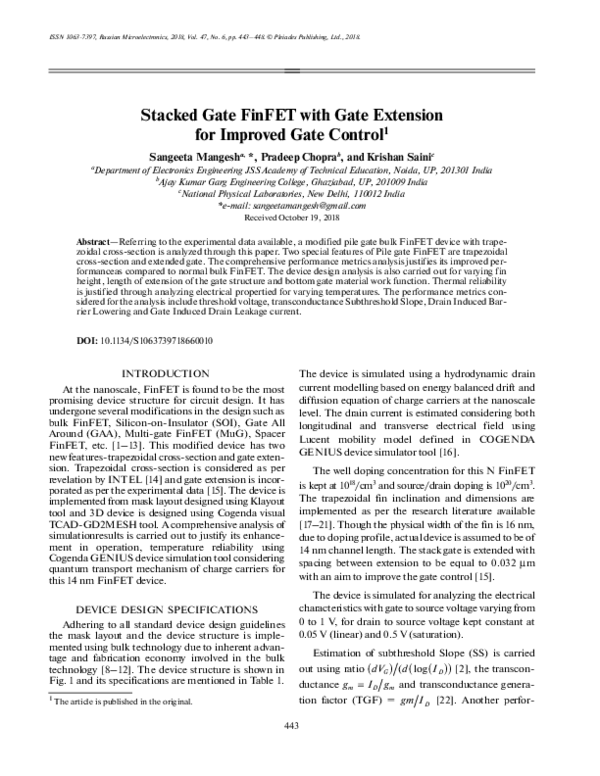 (PDF) Stacked Gate FinFET with Gate Extension for Improved Gate Control