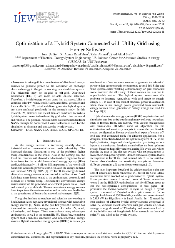 (PDF) Optimization of a Hybrid System Connected with Utility Grid using Homer Software