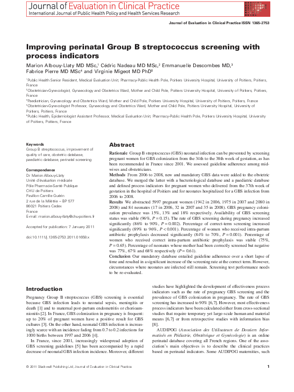 (PDF) Improving perinatal Group B streptococcus screening with process indicators
