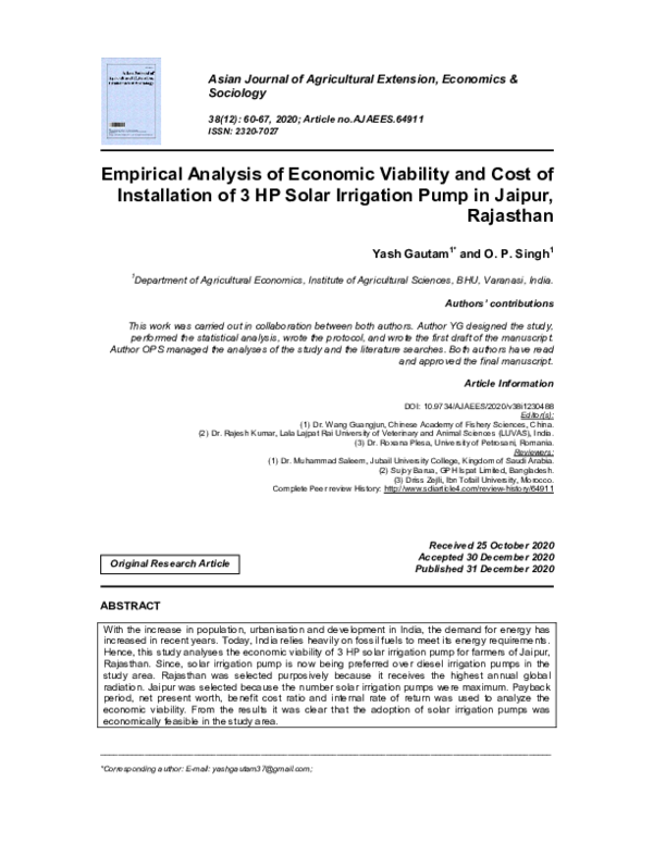 (PDF) Empirical Analysis of Economic Viability and Cost of Installation of 3 HP Solar Irrigation ...