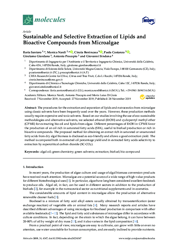 (PDF) Sustainable and Selective Extraction of Lipids and Bioactive Compounds from Microalgae