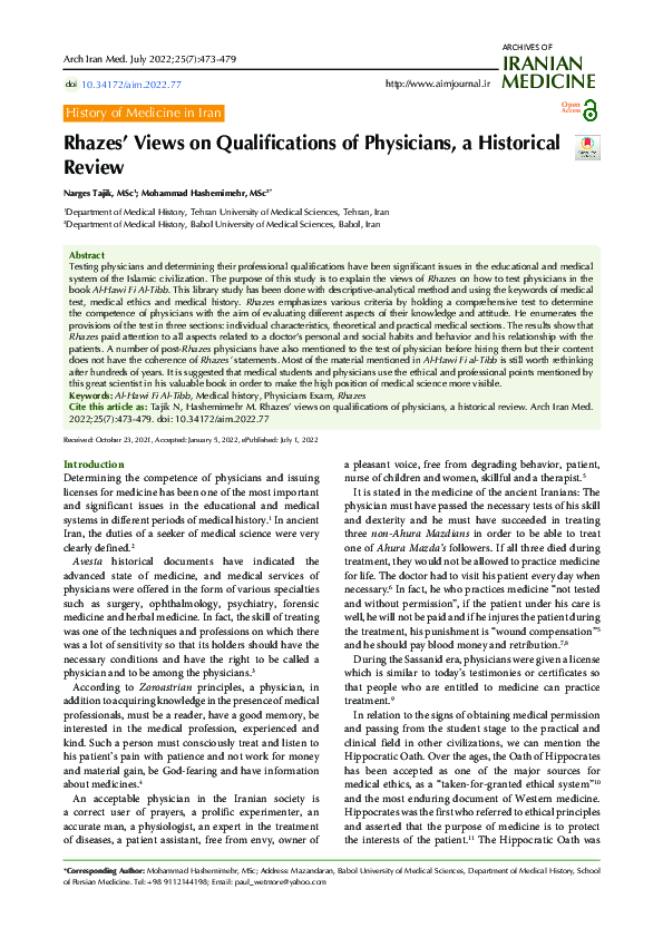 (PDF) The Rhazes’ views on qualifications of physicians, a historical ...
