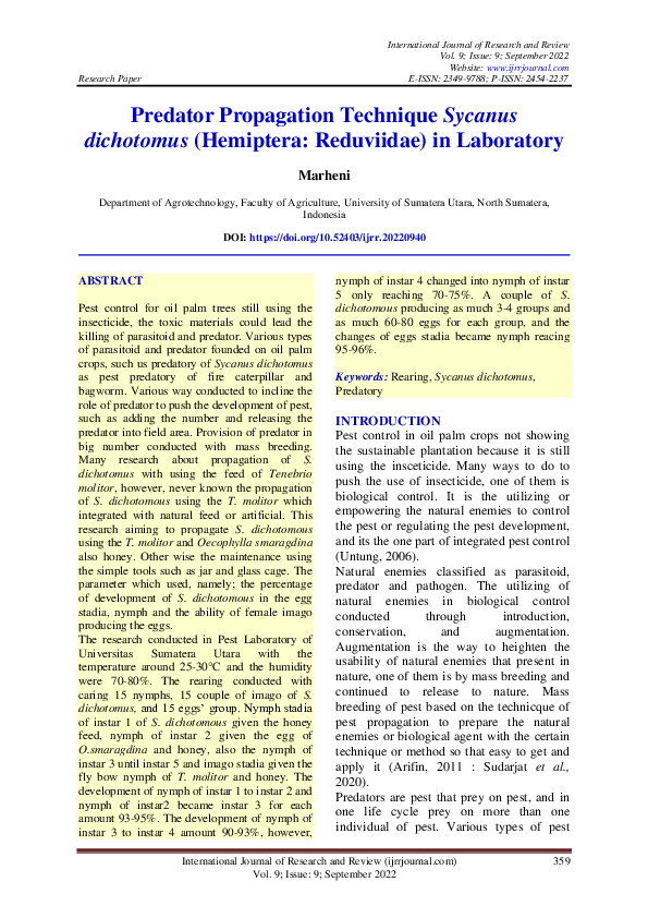 (PDF) Predator Propagation Technique Sycanus dichotomus (Hemiptera: Reduviidae) in Laboratory