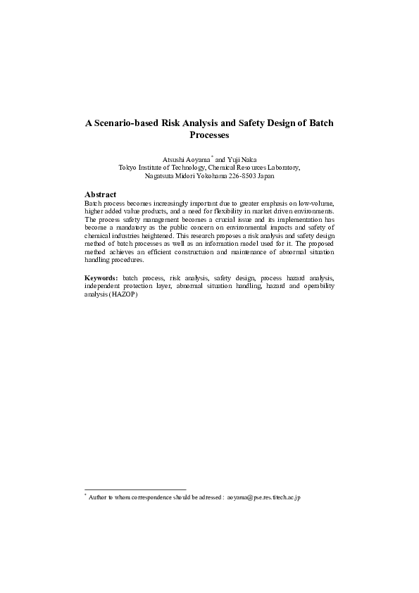 (PDF) A Scenario-based Risk Analysis and Safety Design of Batch Processes