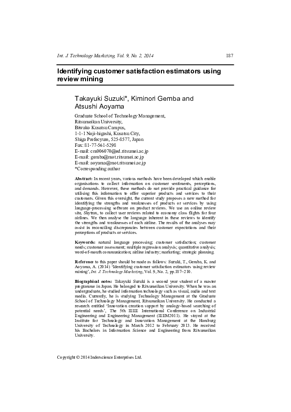 Pdf Identifying Customer Satisfaction Estimators Using Review Mining